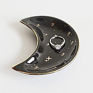 Small Moon Jewelry Dish Tray, Decorative Ceramic Trinket Dish, Modern Accent Tray for Vanity（Black and White ）