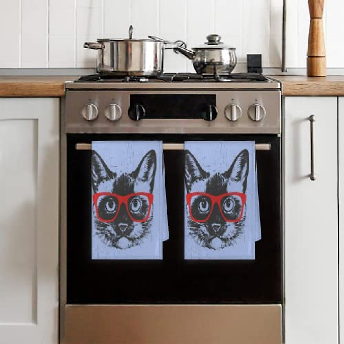 Cat Face Glasses Kitchen Towels and Dishcloths Set of 4-17.7" x 28.3" Absorbent Dish Towels with Hanging Loop Hand Towel for Farmhouse Bar Towels & Tea Towels