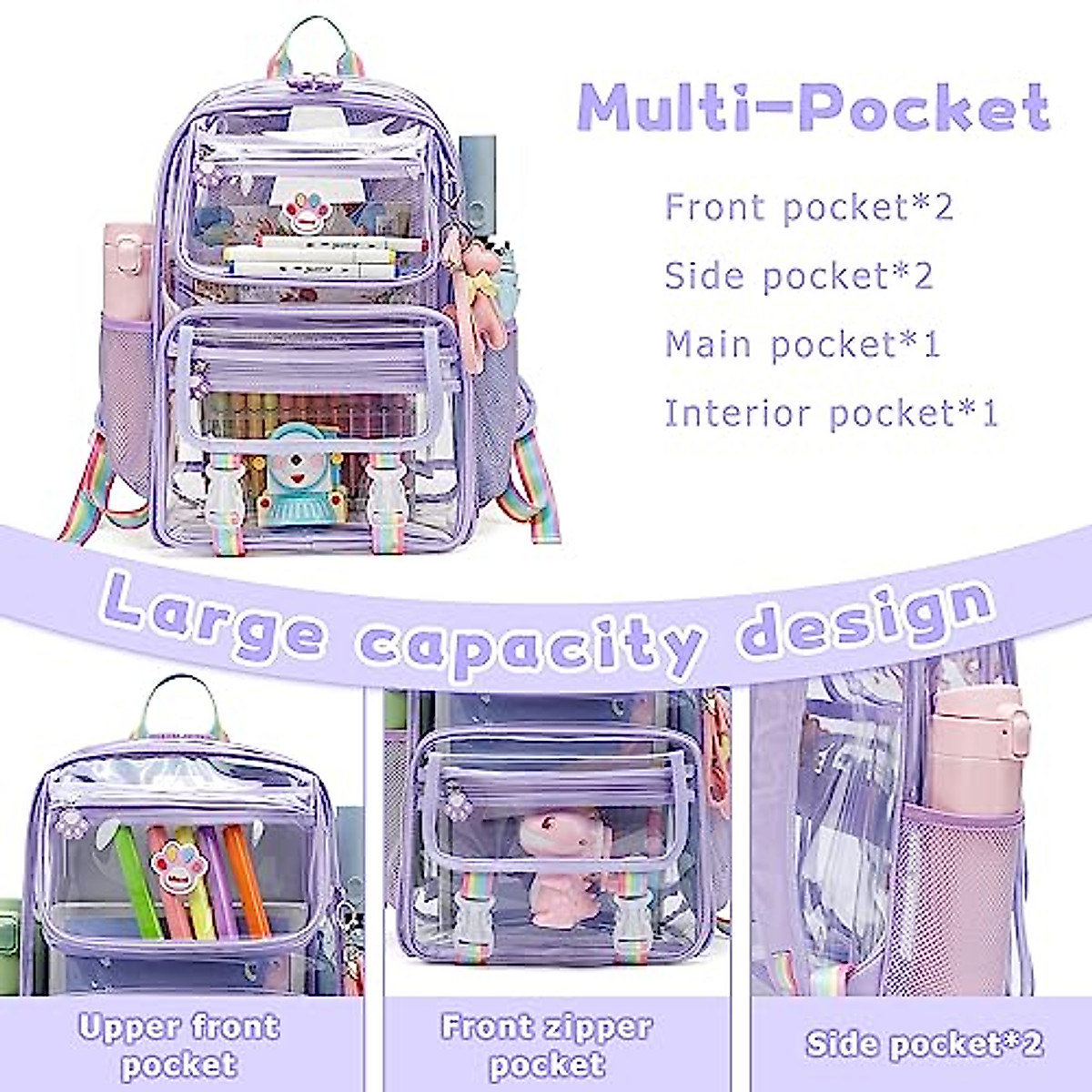 Maod Clear Backpack Heavy Duty Stadium Approved PVC Transparent Large School Book Bag with Free Sticker and A Pendant (Purple)