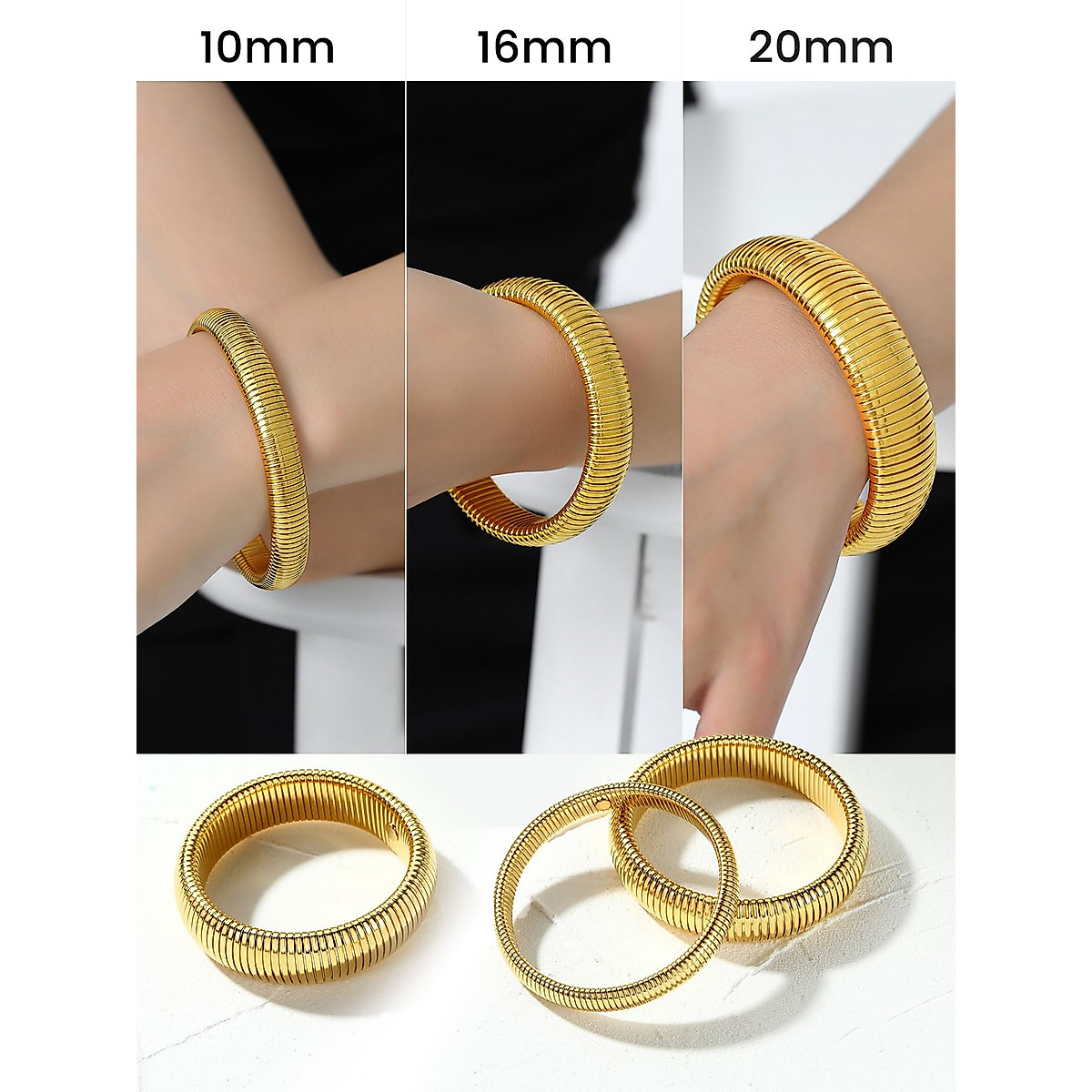 KeyStyle Gold Bangles for Women Thin Stretch Bracelets, High Polished Snake Link Flexible Bangle Bracelet (10mm wide)