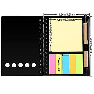 TOODOO 4 Packs 4.5 by 5.5 inch Spiral Notebook Lined Notepad with Pen in Holder and Sticky Notes, Page Marker Colored Index Tabs Flags (Black Cover)