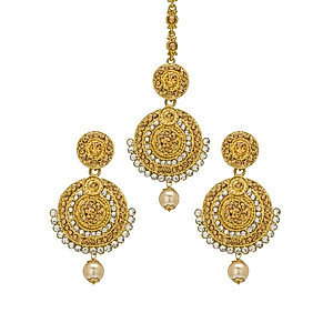 Bindhani Round Golden Mix White Stone Round Earrings & Indian Maang Tikka For Women