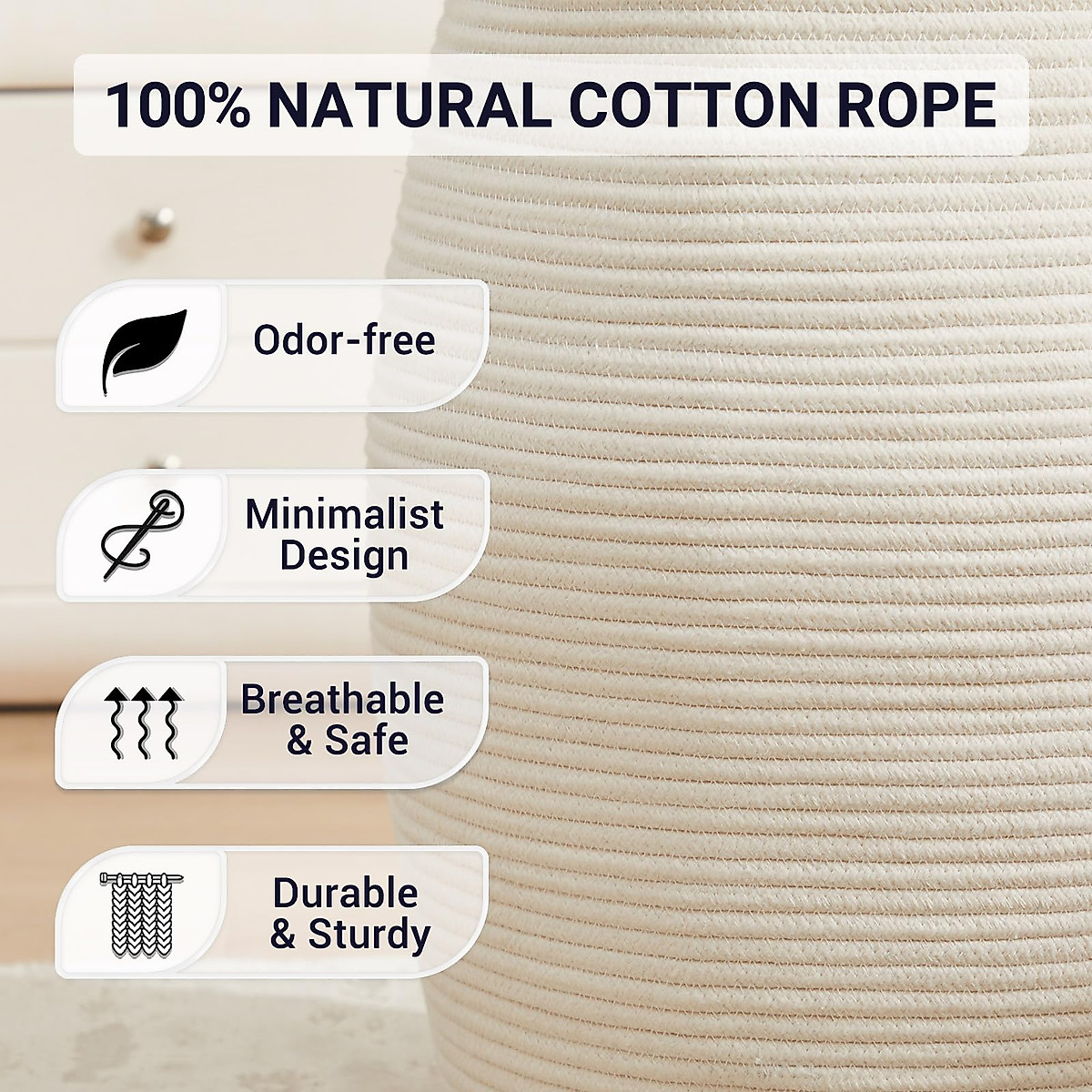 Cotton Rope Laundry Hamper Basket, 65L Woven Large Laundry Basket, Tall Dirty Clothes Hamper for Storage Blankets, Toys in Bedroom, Living Room Organizing-Collapsible-Beige