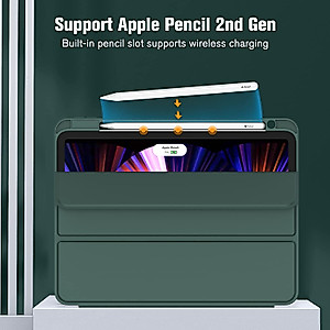 ZryXal New iPad Pro 11 Inch Case 2022(4th Gen)/2021(3rd Gen)/2020(2nd Gen) with Pencil Holder, Smart iPad Case [Support Touch ID and Auto Wake/Sleep] with Auto 2nd Gen Pencil Charging (Midnight Green)