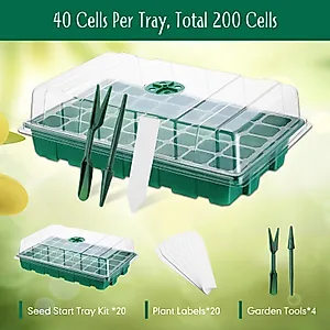 Hoolerry Seed Starter Tray 40 Cells Seed Starter Kit with Humidity Dome and Base Propagation Tray Plant Germination Trays Greenhouse Mini Propagator Station for Seeds Growing (Green,20 Pcs)
