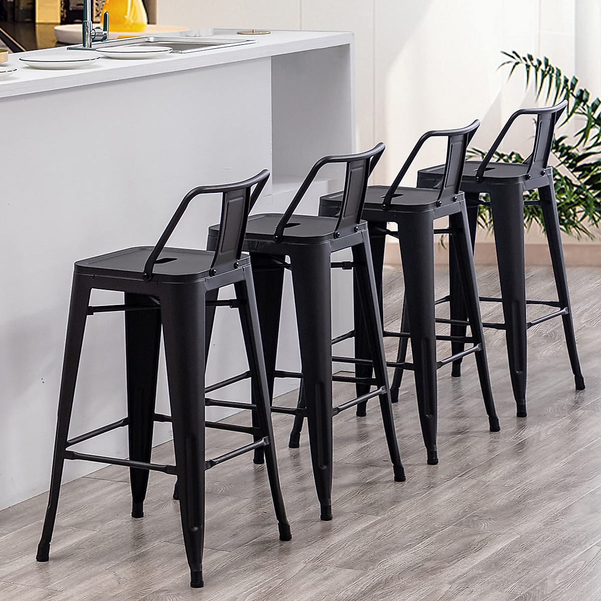 Apeaka 24 inch Metal Bar Stools Set of 4 Modern Counter Height Stools with Backs Industrial Low Back Bar Chairs for Indoor Outdoor Matte Black