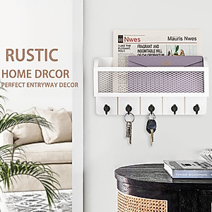 Ikviier Key Holder for Wall Decorative Made of Pine, Key Rack for Wall White, Key Hook for Wall with 5 Metal Hooks, Farmhouse Mail and Key Holder for Wall (White)