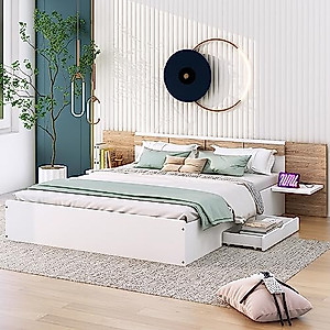 Linique Queen Size Platform Bed with 2 Drawers,Headboard,Shelves,USB Ports and Sockets,Queen Wooden Platform Bed Frame for Bedroom,No Need Spring Box(White)