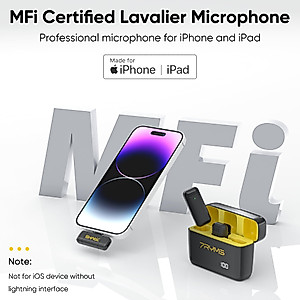 7RYMS Rimo S1 Wireless Lavalier Microphone for iPhone - MFI Certified iPhone Microphone for Video Recording with Noise Cancellation, Charging Case, 8H Battery Life, Mini Wireless Mic
