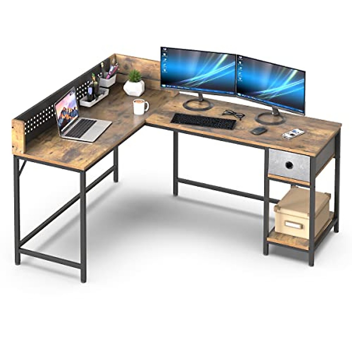 NSdirect Computer Desk,55" Home Office Desk with Bookshelf Industrial Study Writing Table with Space Saving Design Modern Simple Style Laptop Table (Rustic Brown)