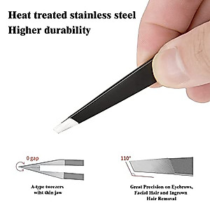 FIVETAS Stainless Steel Tweezers for Eyebrows-Slant Tweezer with Case for Women&Man,Great Precision on Brow,Facial Hair and Ingrown Hair Removal(Black)