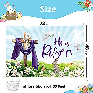 Arosche Easter Decorations He is Risen Banner 72" x 48" Backdrop Cross Lily Religious Christian Photography Sping Summer Seasonal Holiday Backdrop for Indoor Outdoor Garden,Yard,Party Home Decorations