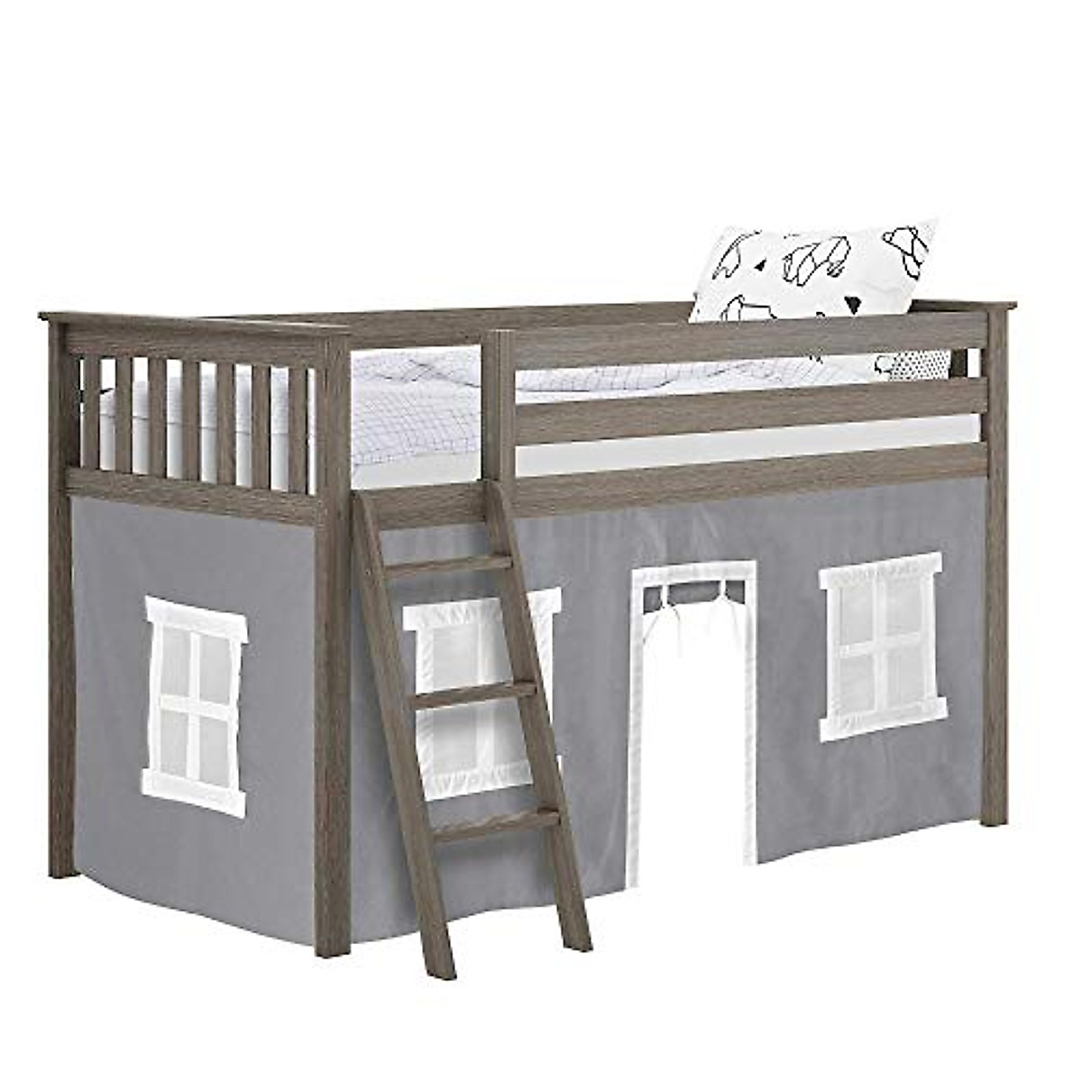 Max & Lily Low Loft Bed, Twin Bed Frame With Curtains For Bottom, Clay/Grey