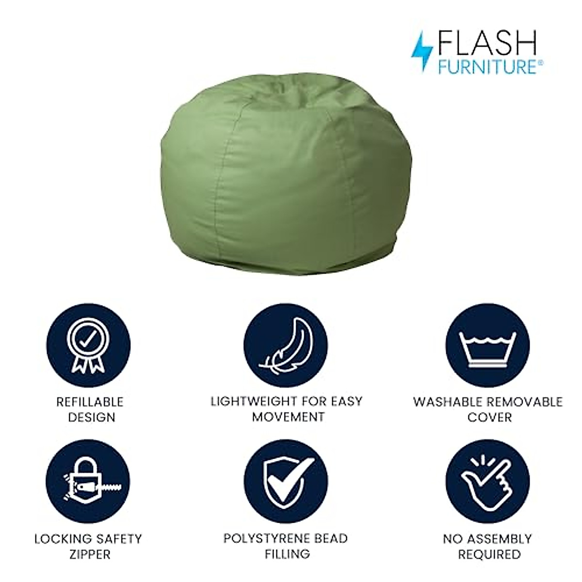 Flash Furniture Dillon Small Bean Bag Chair for Kids and Teens, Foam-Filled Beanbag Chair with Machine Washable Cover, Green