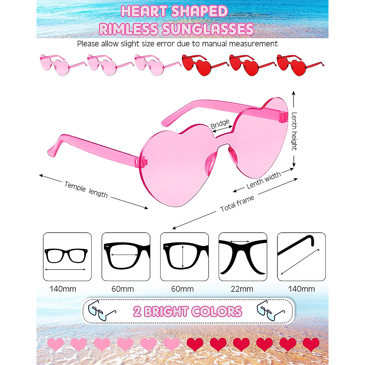 Frienda 8 Pairs Heart Shaped Sunglasses for Women Rimless Heart Glasses Candy Color Sunglasses for Party Favor(Rose Red, Pink)
