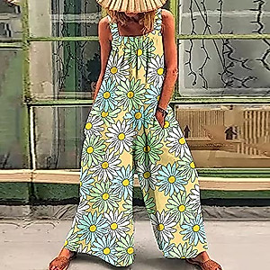 Bravetoshop Women Baggy Jumpsuit Boho Floral Printed Loose Overalls Wide Leg Pants Long Rompers with Pockets (Green,M)