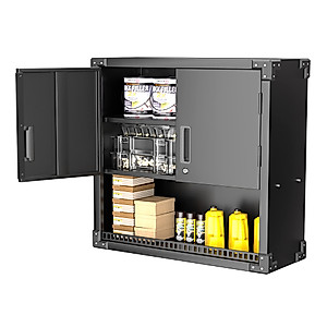 Aobabo Metal Wall Storage Cabinet with Locking Door and 1 Shelf 1 Opened Drawer, Wall-Mounted Storage Cabinet for Garage, Warehouse, Office, Black, Assembly Required