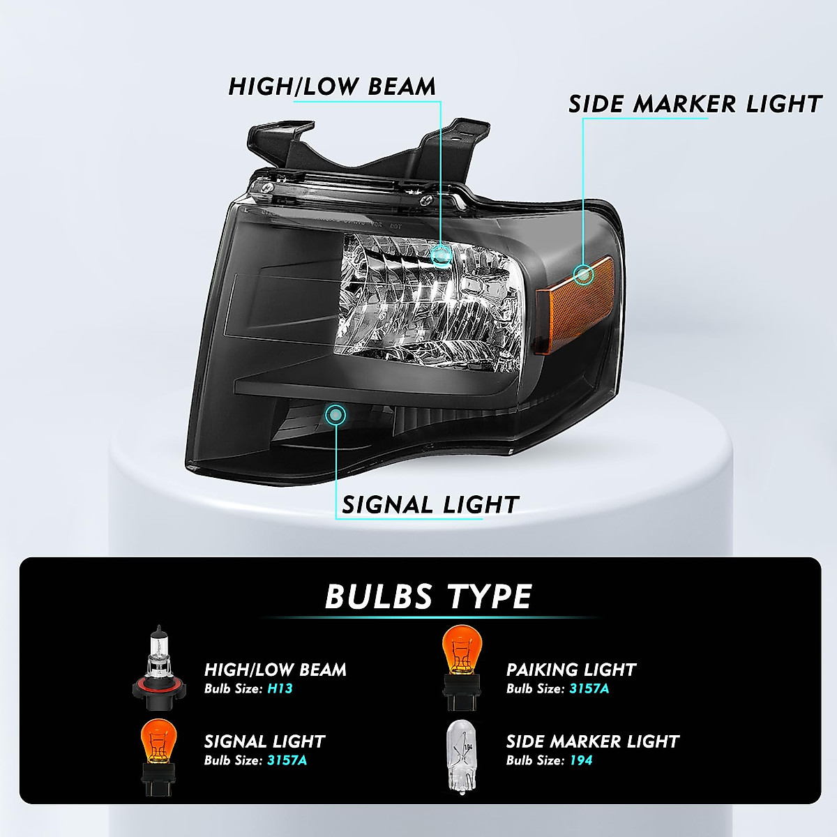 TUSDAR Headlights Assembly Set with Bulbs for 2007-2014 Ford Expedition Driver & Passenger Side (Black Housing with Amber Reflector)