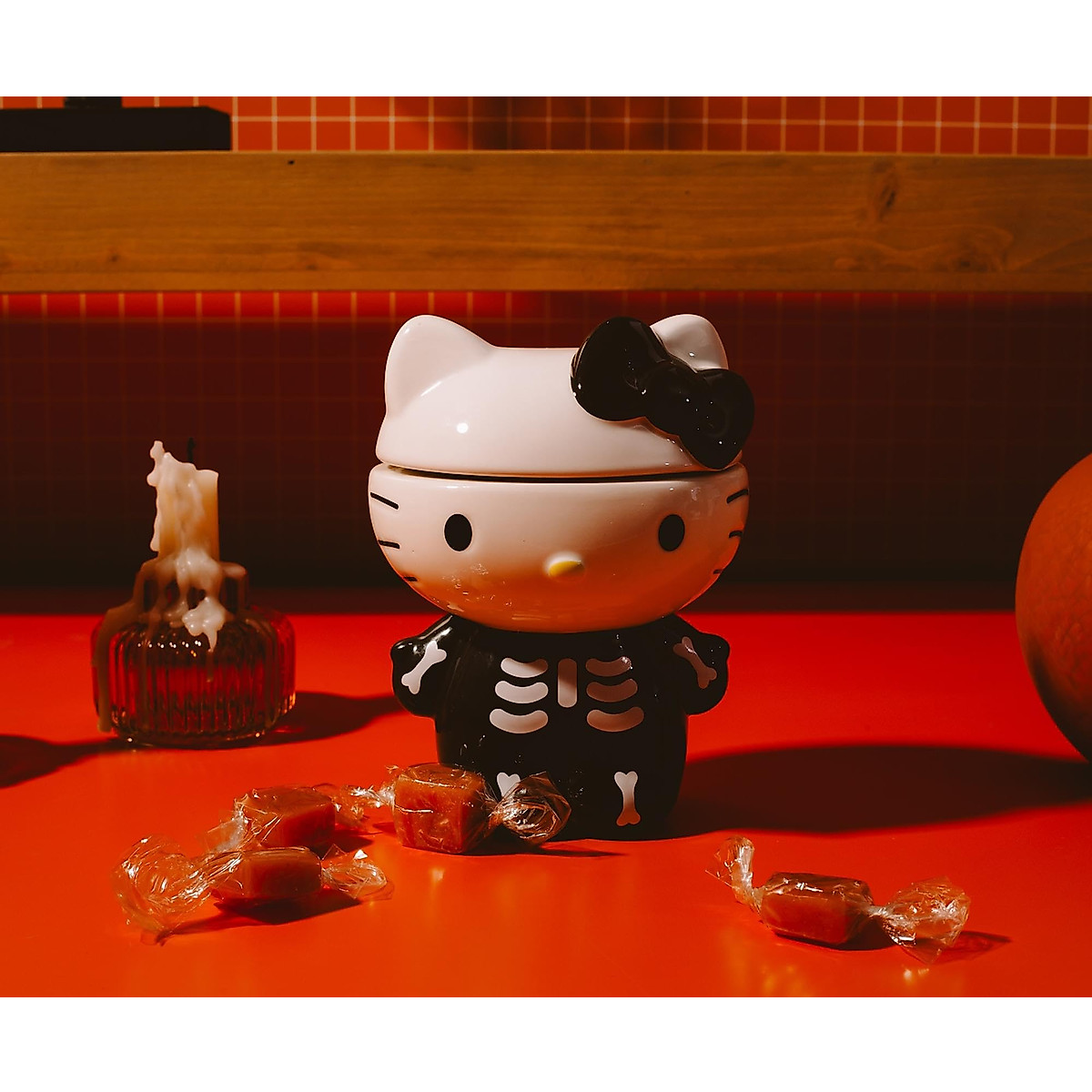 Sanrio Hello Kitty Skeleton Small Ceramic Snack Jar Container With Lid | Storage For Kick-Knacks | 6 Inches Tall