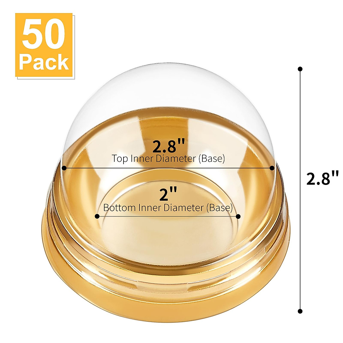 Zezzxu 3 Inch Charcuterie Domes with Lids, 50 Pack Clear Plastic Bundt Cake Containers Hot Cocoa Bombs Boxes Individual Cups for Packaging Desserts Strawberries (Gold Base)