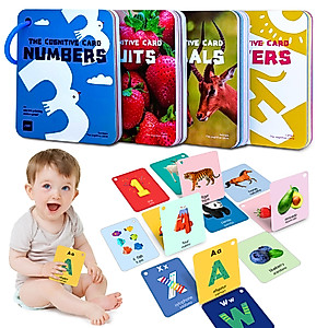 JONZOO Bilingual Baby Flash Cards, 100 Pages Toddler Flashcards with Rings & Holes, Educational Toy for Kids Baby Toddlers Over 6 Months Learn ABCs/Language/Numbers/Animals/Fruits(Visual Cards)