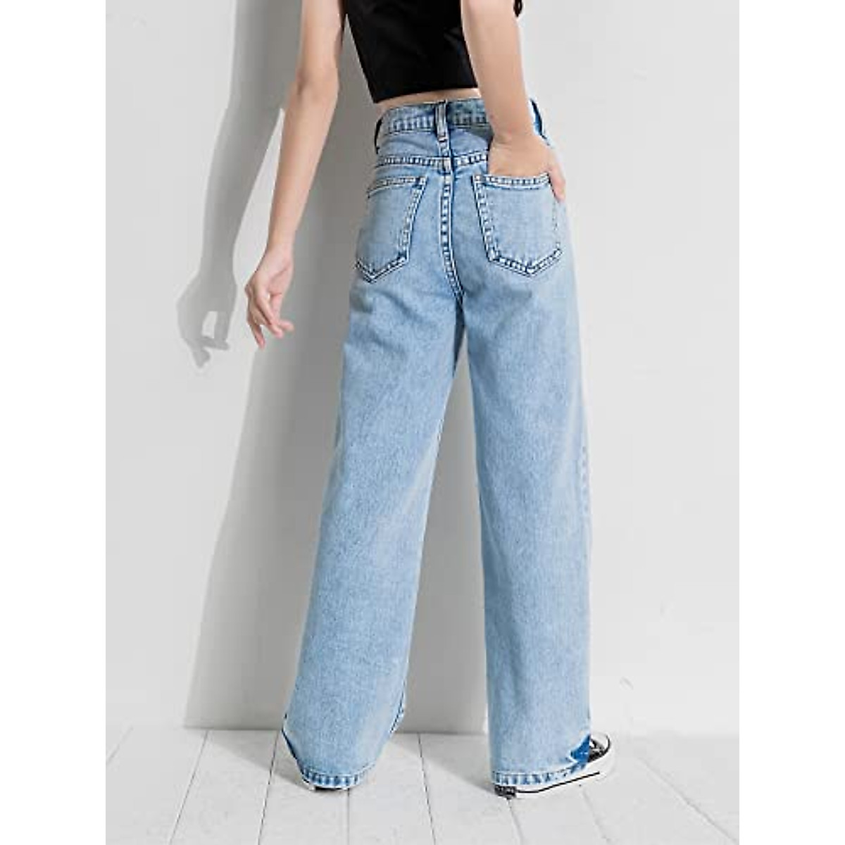 Romwe Girl's Vintage High Waisted Straight Leg Jeans Regular Fit Denim Pants Blue Light Wash 160
