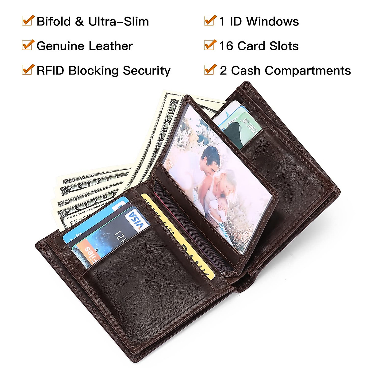 GOIACII Wallets for Men Large Capacity Genuine Leather RFID Mens Bifold Wallet with 16 Card Slots