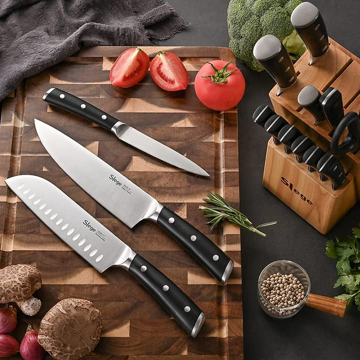 Knife Block Set,Kitchen Knife Set,15 Pieces Chef Stainless Steel Knife Set with Sharpener,High Carbon Sharp Cutlery Knife Set with Grey Marbling Handles