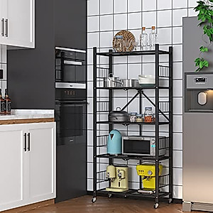 MOLYHOM Folding Storage Shelves, 5-Tier Metal Collapsible Shelves with Wheels, Shelving Units and Storage Rack, Rolling Shelf No Assembly…