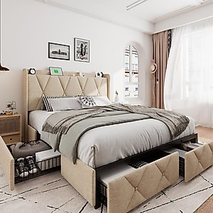 iPormis Queen Bed Frame with 4 Storage Drawers, Upholstered Platform Bed Frame with Charging Station, Modern Wingback Storage Headboard, Easy Assembly, Beige