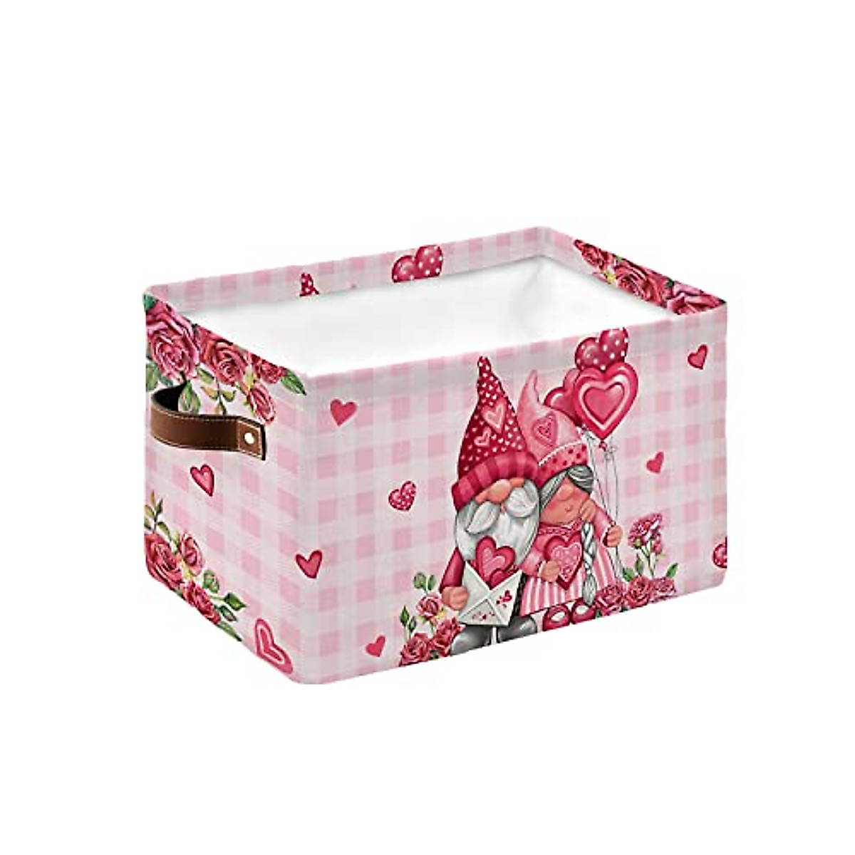 Valentine's Day Gnomes Storage Bins Shelf Baskets, Collapsible Cube Basket with Handles, Pink Plaid Love Heart Roses Waterproof Organizer for Toys/Closet/Blanket 15"x11"x9.5", 1 Pack
