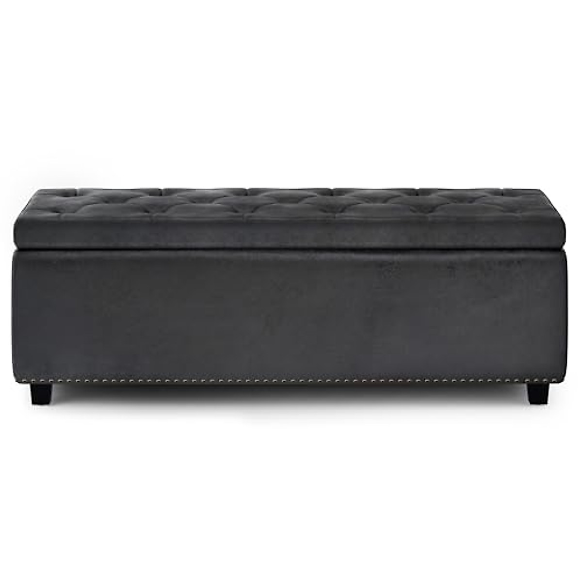 SIMPLIHOME Hamilton 48 inch Wide Rectangle Lift Top Storage Ottoman in Upholstered Distressed Black Tufted Faux Leather with Large Storage Space for Living Room, Entryway, Bedroom, Transitional