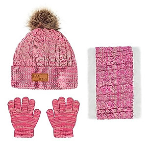 Enwokran 3pcs Kids Winter Hat Scarf Gloves Set, Fleece Lining Beanie Hat with Pom, Knit Gloves Neck Warmer for Girls Boys 2-6 Years Old (Pink)