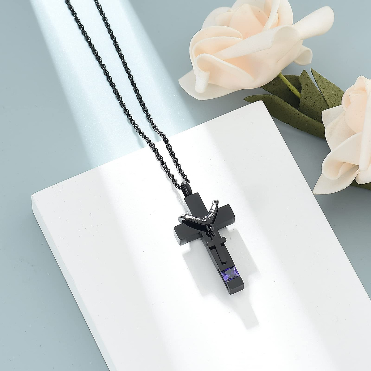 shajwo Cremation Cross Urn Necklace for Ashes Jewelry for Women Men Memorial Keepsake Birthstone Pendant for Human Pet,Purple
