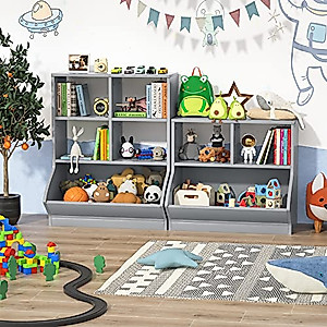 Aheaplus Toy Storage Organizer with Bookcase, 5 Cubby Bookshelf Toy Storage Cabinet, Open Multi-Bins Toys&Books Storage Display Organizer for Playroom, Bedroom, Living Room, Grey