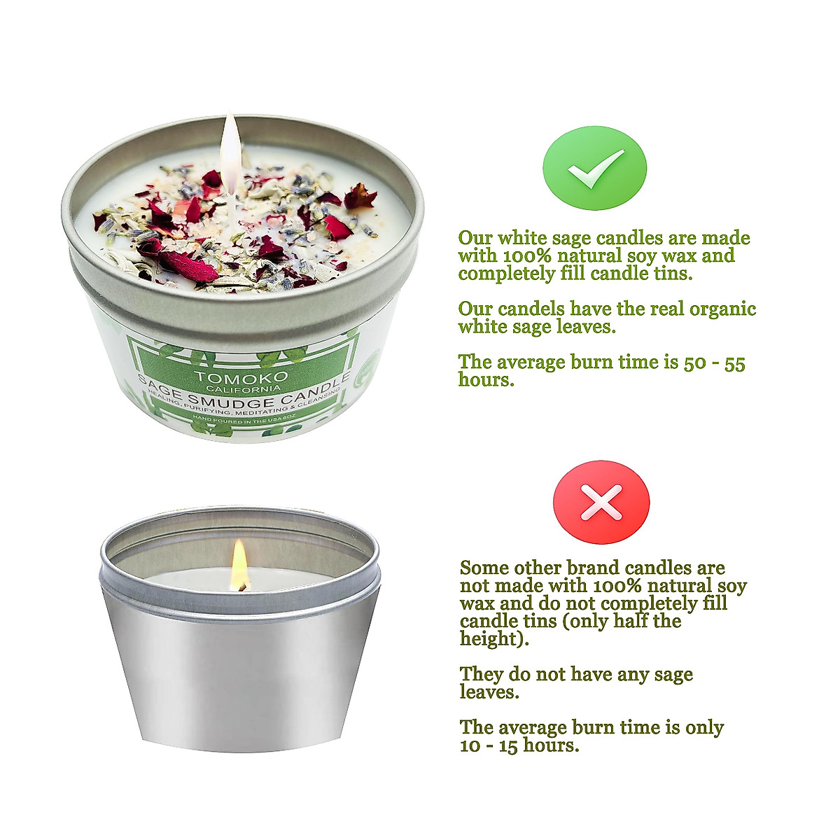 TOMOKO White Sage Candle, Sage Leaf, Rose, Lavender, Himalayan Salt & Essential Oil