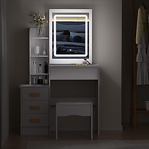 Vanity Desk with LED Lighted Mirror,Vanity Desk with Mirror and Lights,Makeup Table with Drawers,Vanity Desk with Storage Shelves,Makeup Table Stool,Vanity Desk with Light for Bedroom Dressing Table