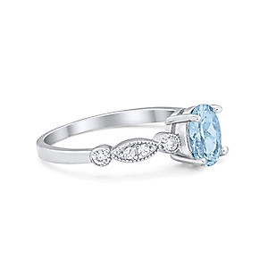 Blue Apple Co. Oval Art Deco Vintage Style Wedding Engagement Ring Round Simulated Aquamarine Cubic Zirconia 925 Sterling Silver Size-8