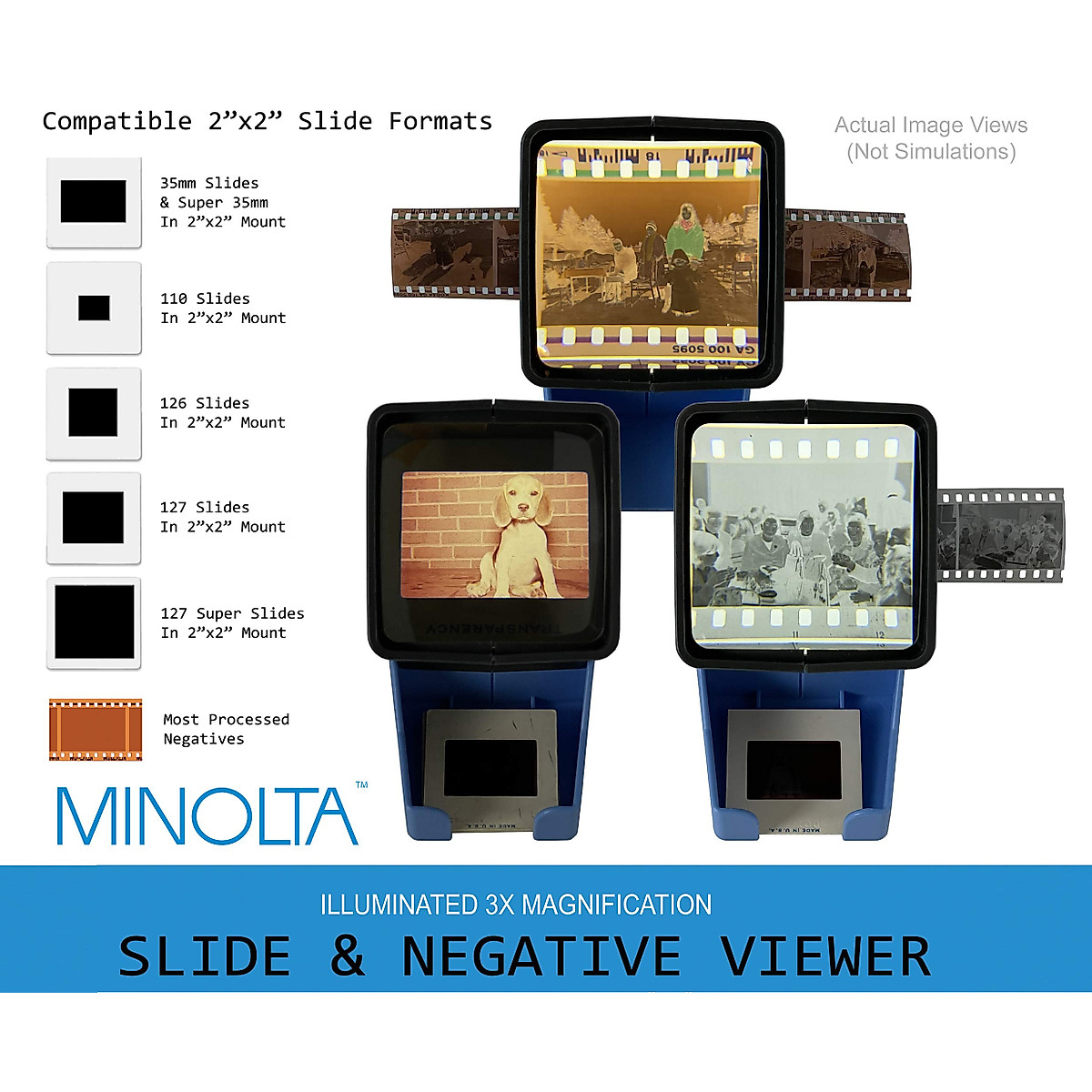 MINOLTA 35mm Desk Top Portable LED Slide and Negative Viewer Luminated 3X Magnify – for 2"x2" Slides & Positive Negatives - Worldwide AC Adapter & Plugs, Battery Operation & Cloth
