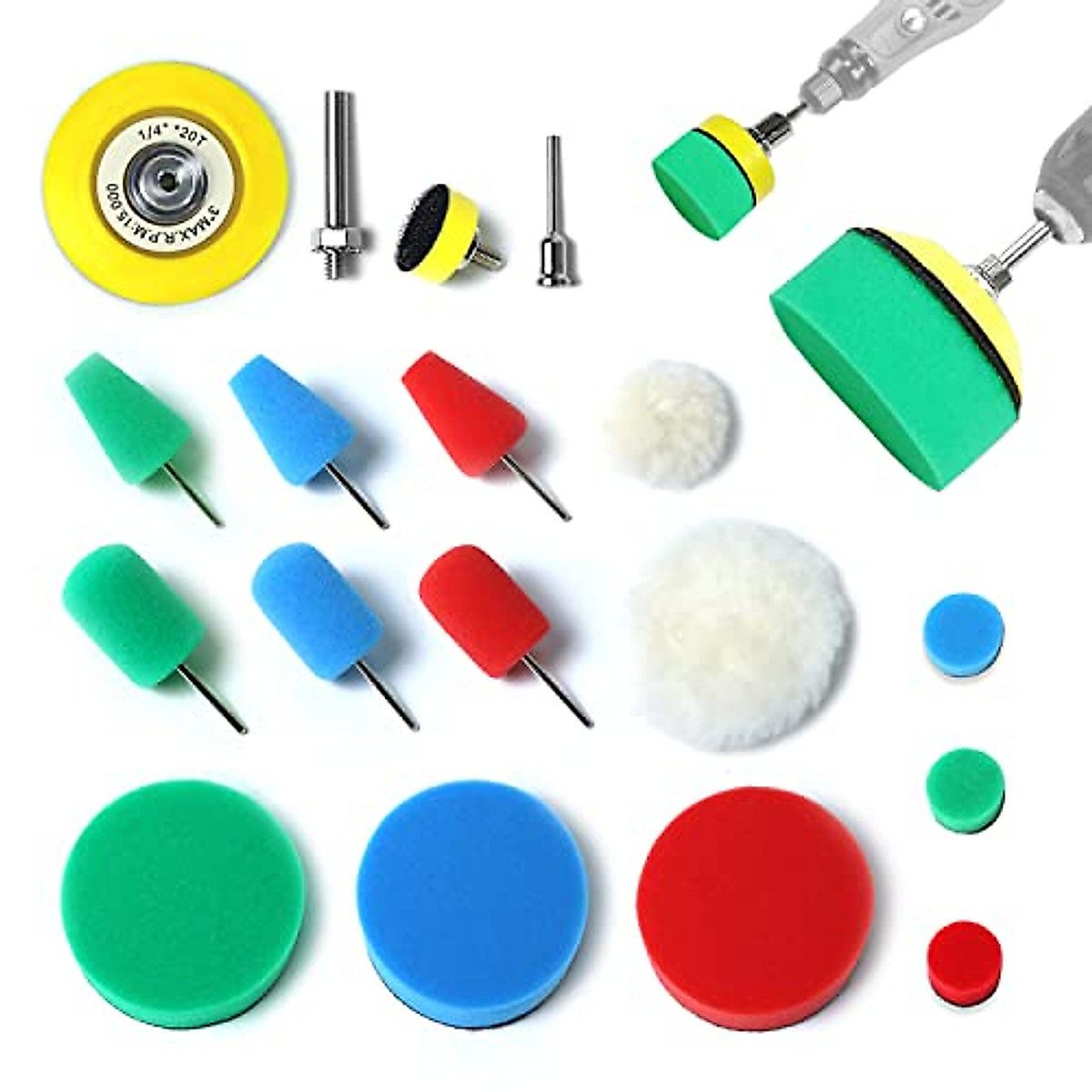 POLIWELL 1 Inch&3 Inch Mini Polishing Pads, Include 1’’&3’’Buffing Pads Kit, 6 Detailing Polishing Sponge, 18 Pcs for Polishing and Waxing of Tight Detail Area