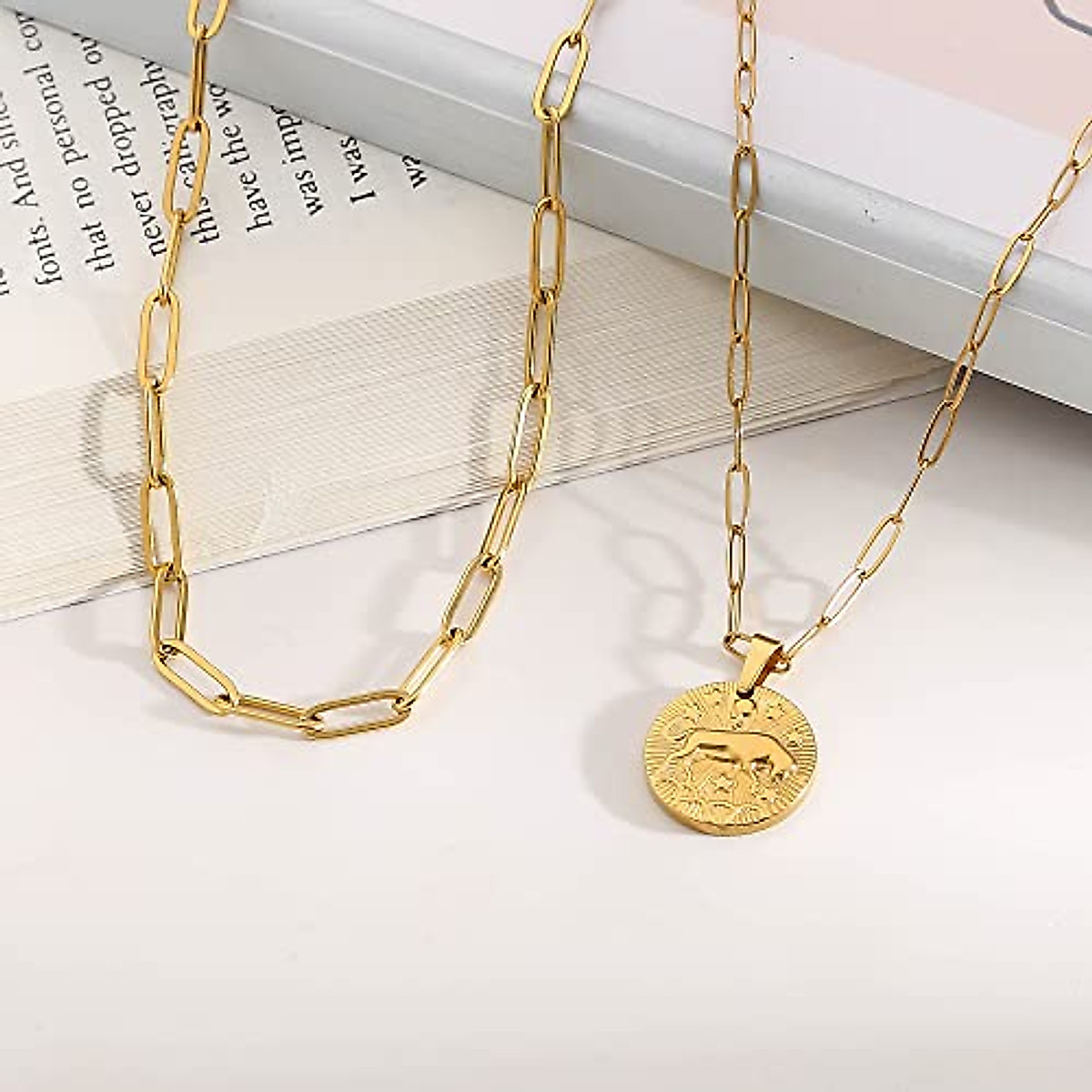 Taurus Dainty Zodiac Necklace for Women Zodiac Sign Pendant Necklace 18k Gold Plated Paperclip Chain Necklaces Layered Gold Necklace for Women Birthday Jewelry Gifts
