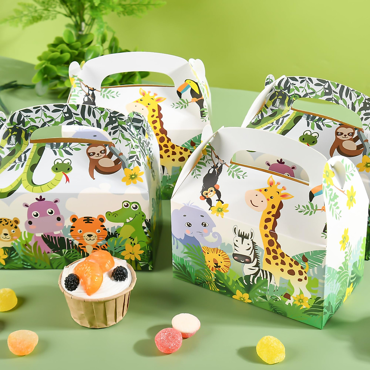 DjinnGlory 36 Pack Safari Woodland Animals Treat Boxes Gable Boxes Party Favor Gift Boxes for Baby Shower, Birthday Party Supplies Decoration, Small Business 6.18 x 3.58 x 3.38 Inches