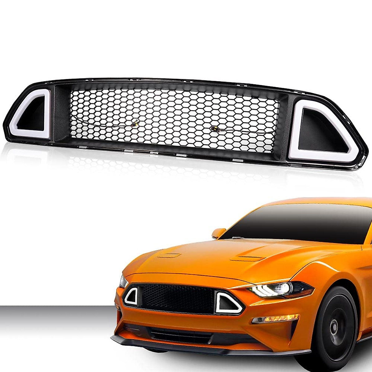 PIT66 Front Hood Upper Grille with White DRL LED Light, Compatible with 2015-2017 Ford Mustang