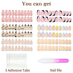 6 Packs (144 Pcs) Press on Nails Medium Design, Misssix Fake Nails Almond and Square Glue on Nails Set with Adhesive Tabs Nail File for Women
