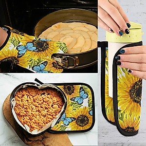 Yellow Sunflowers Butterfly Oven Mitts and Pot Holders Set Summer Heat Resistant Hot Pads Cooking Gloves Handling Kitchen Cookware Bakeware BBQ