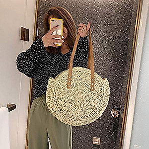 Large Bag Round Straw Beach Bag,Women Holiday Woven Tote Bag,Handle Shoulder Rattan Bag (White)