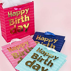 Loveinside Paper Gift Bags Gold Metallic Happy Birthday Printed Medium Gift Bags for Birthday - 10.2''x12.5''x4.7'', Navy Blue