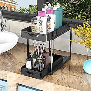 JWQ Under Sink Organizers and Storage 2 Pack, Pull-out Large Capacity Under Bathroom and Kitchen Cabinet Storage Drawer Organizer with Hooks, Multi-purpose Under Sink Shelf Organizer, Black