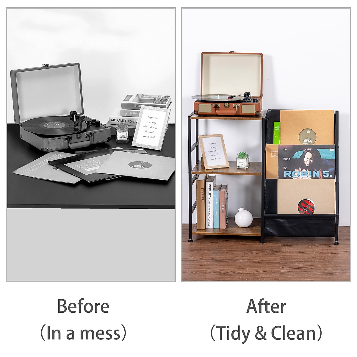 Zekeoney Record Player Stand Turntable Stand with 3-Tier Vinyl Record Storage, Vinyl Holder Display Shelf Holds Up to 200 Albums, Vinyl Record Holder Cabinet for Living Room, Bedroom