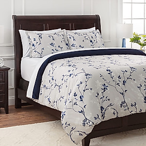 Chanasya Premium Floral Duvet Cover Set - Duvet Cover (90” x 90”) & 2 Pillow Shams (20” x 26”) - 3-Piece Set, Queen Size, Purple Navy